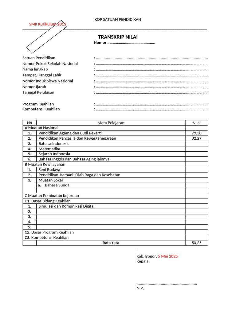 Contoh Transkrip Nilai 2025 | PDF