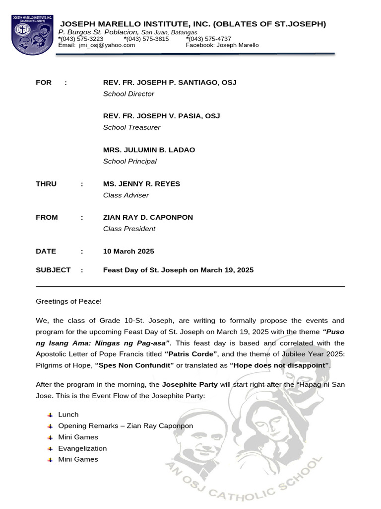 Letter Proposal For Feast Day ST Joseph | PDF