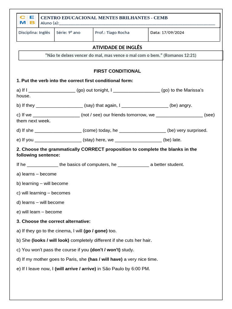 Atividade de Inglês - First Conditional - 9° ANO | PDF
