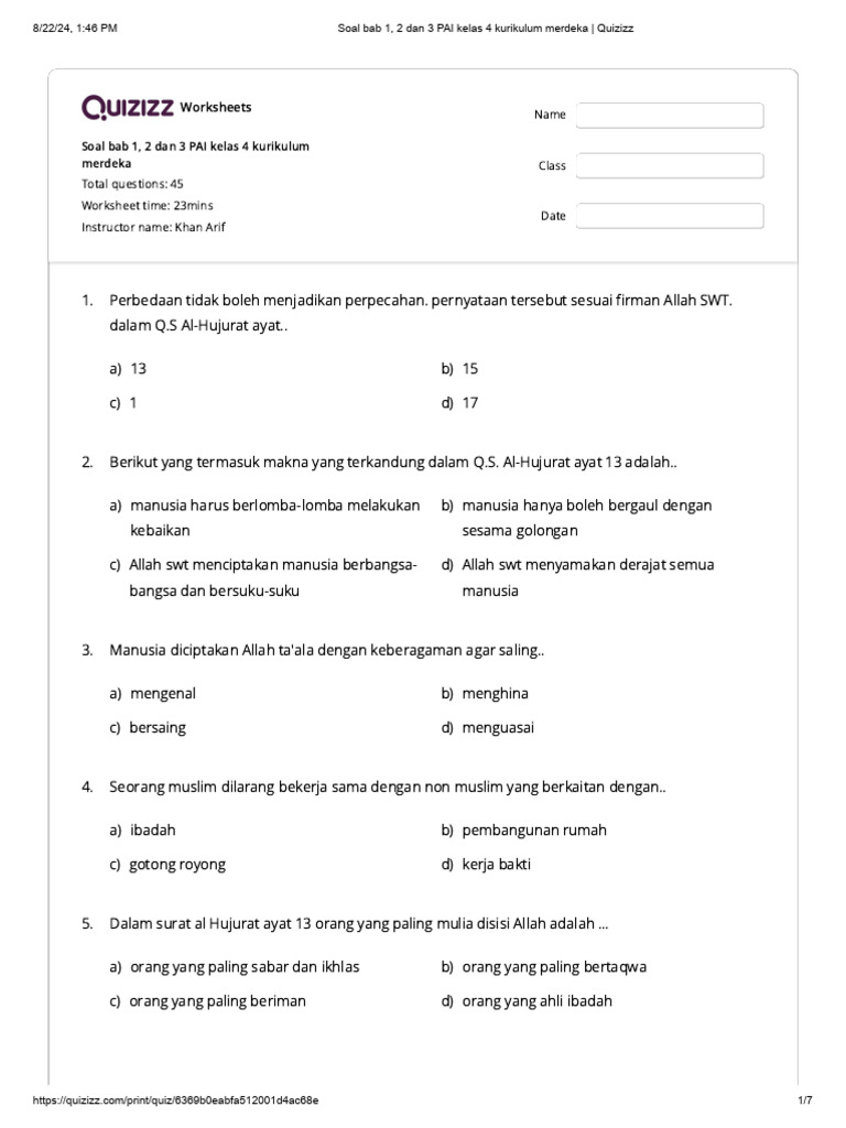 Soal Bab 1, 2 Dan 3 PAI Kelas 4 Kurikulum Merdeka - Quizizz | PDF