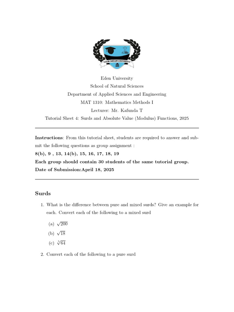 MAT 1310 Tutorial Sheet 4 | PDF | Square Root | Function (Mathematics)
