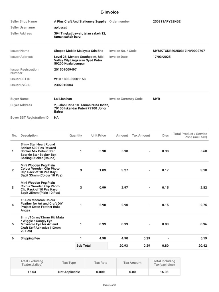 E-Invoice for A Plus Craft Order | PDF | Taxes | Payments
