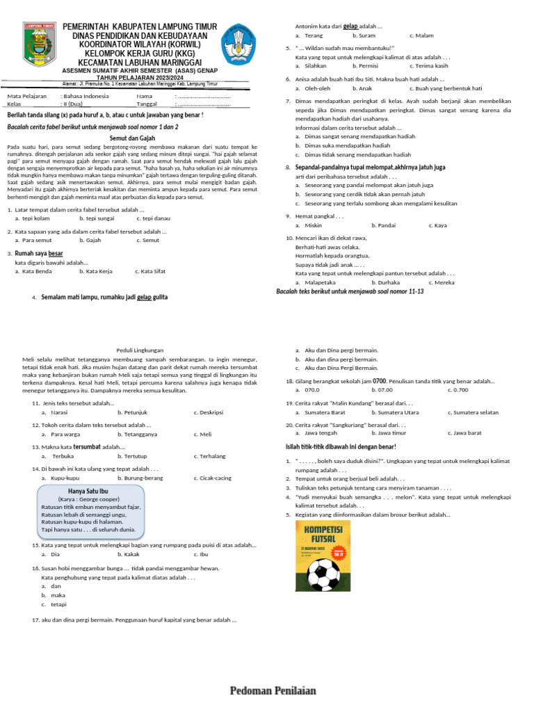 SOAL ASAS B. Indonesia Kelas 2_ 2023-2024 | PDF