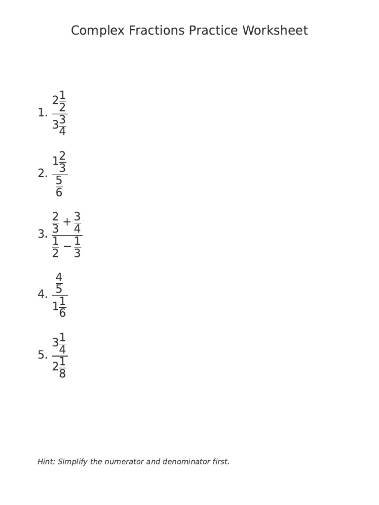 Complex Fractions Practice Worksheet | PDF