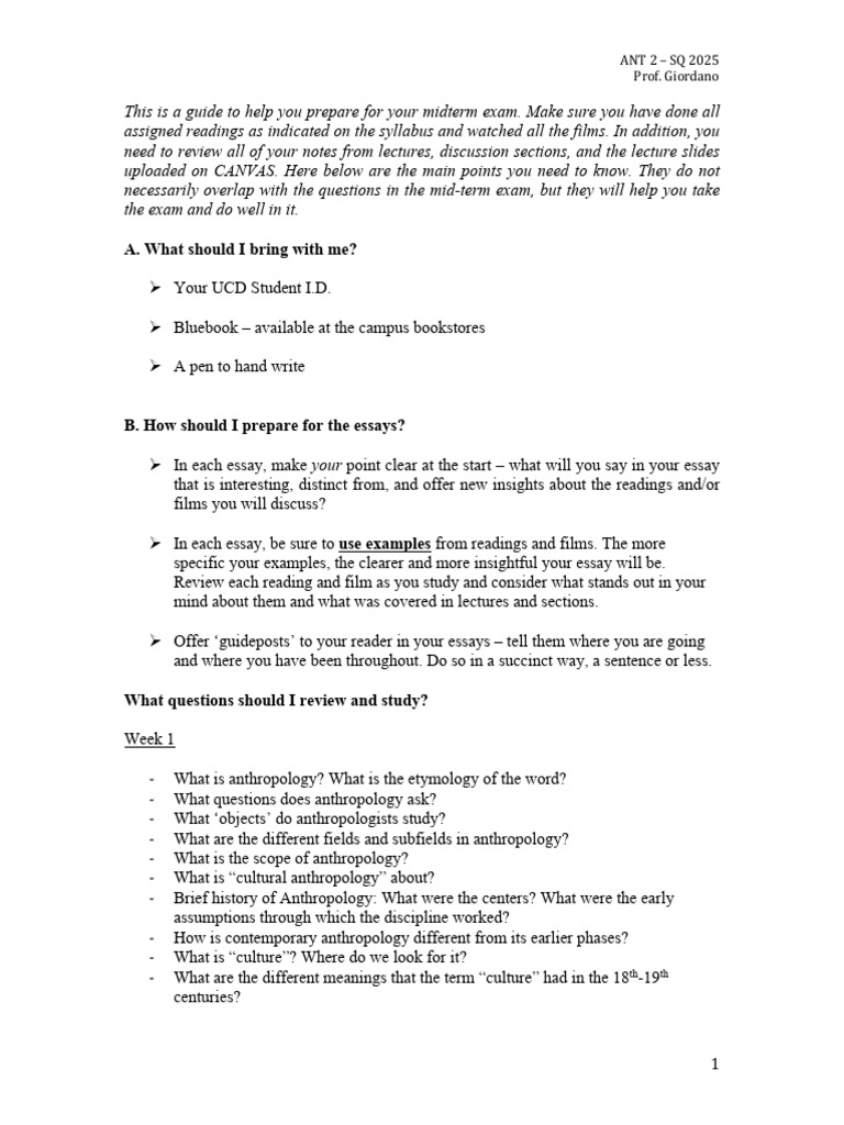 ANT 002 Midterm Guidelines 2025 | PDF | Anthropology | Ethnography