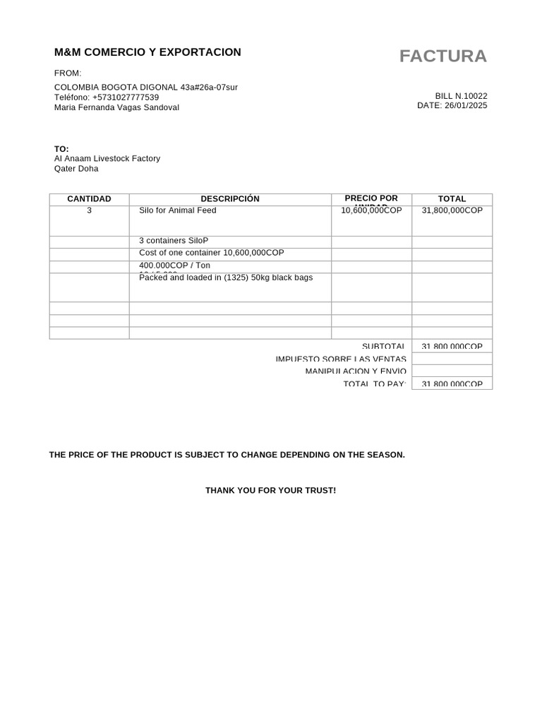 Factura M&M Comercio y Exportación | PDF