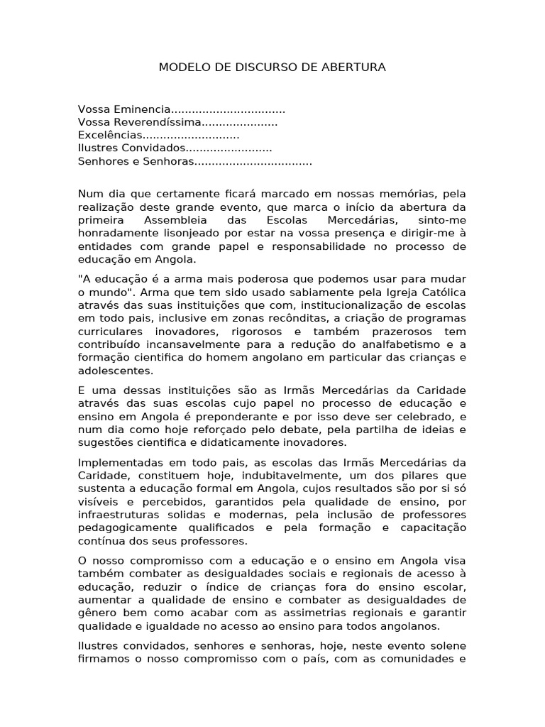 Modelo de Discurso de Abertura | PDF | Angola | Ensino