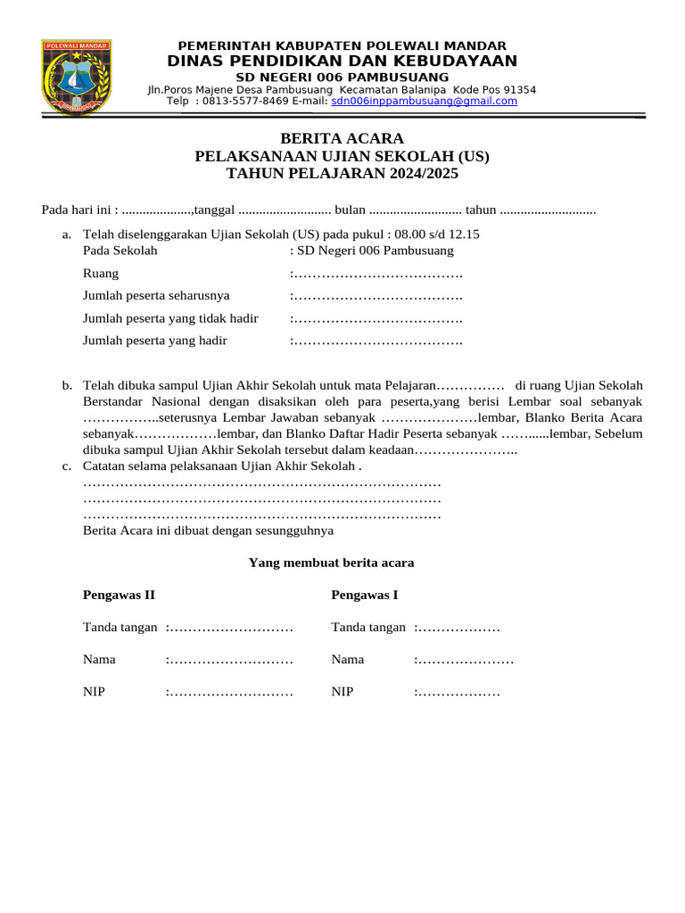 Format Berita Acara Pelaksanaan Ujian Sekolah | PDF