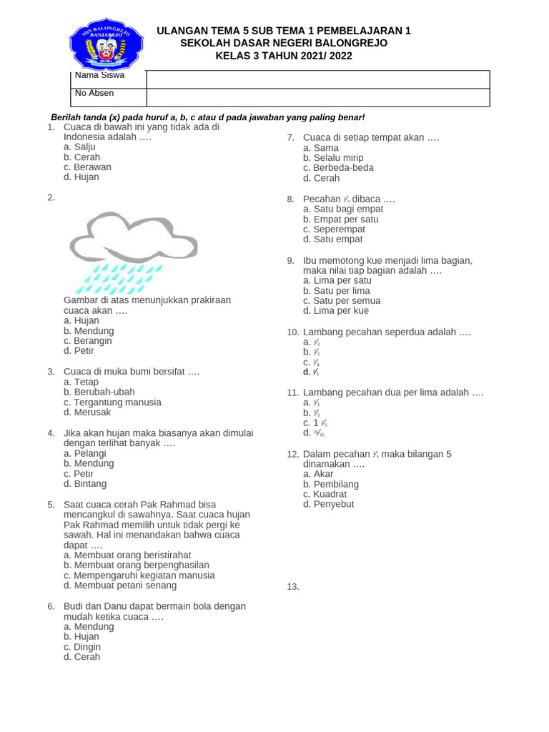 Ulangan Cuaca dan Pecahan Kelas 3 | PDF
