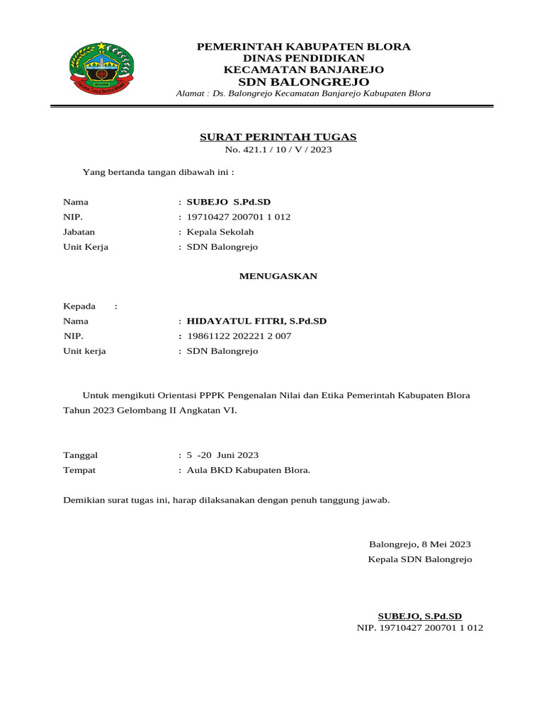 Surat Tugas Orientasi Fitri PPPK | PDF
