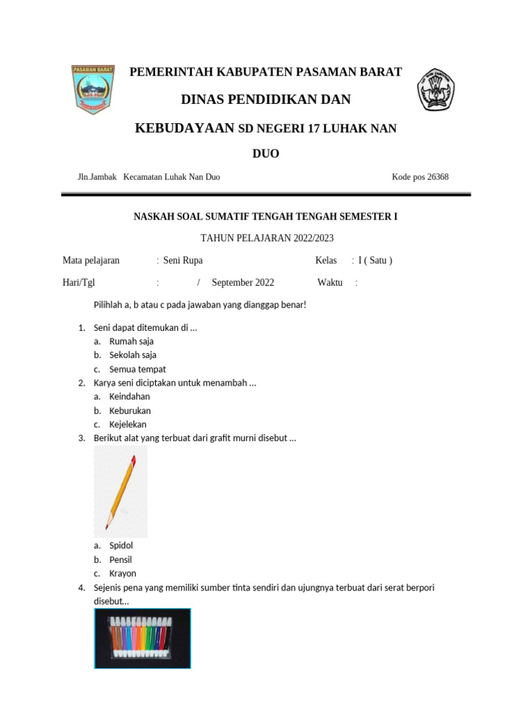 Naskah Soal Sumatif Tengah Semester 1 Seni Rupa Kelas 1 | PDF