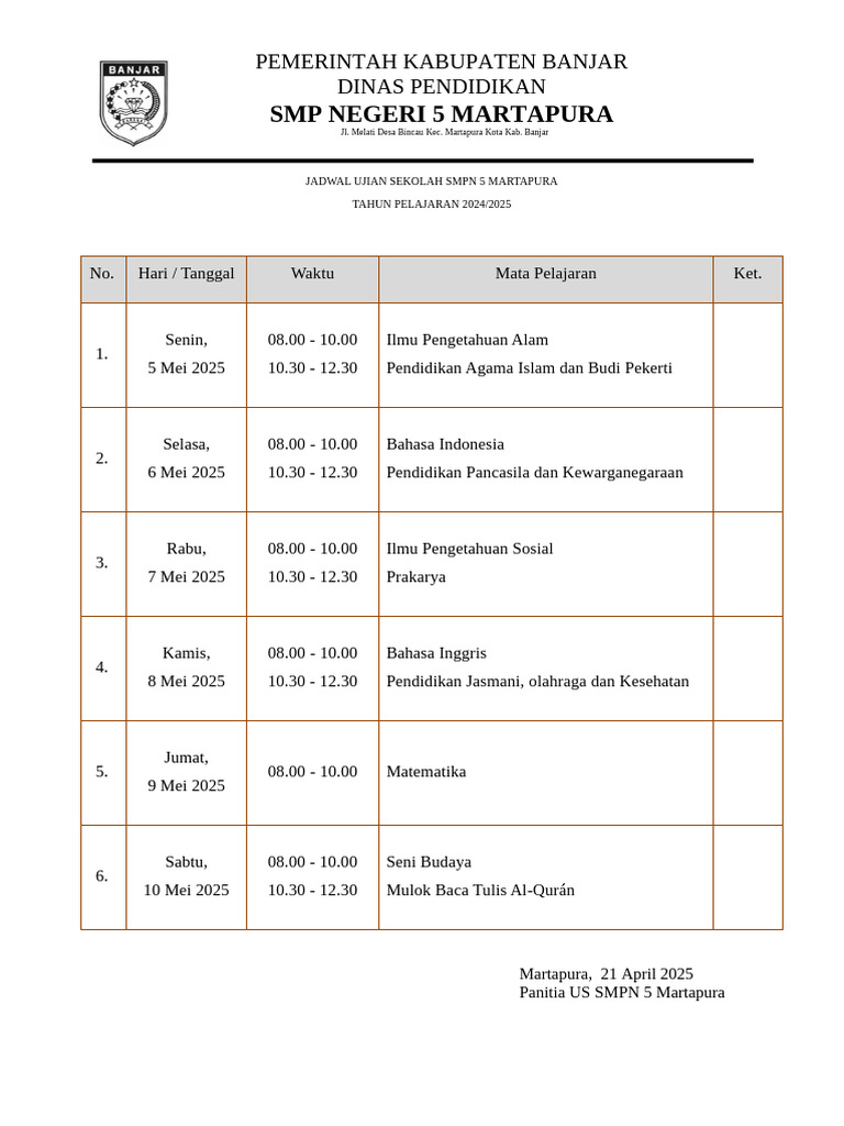 Jadwal Ujian Sekolah Tahun 2025 | PDF