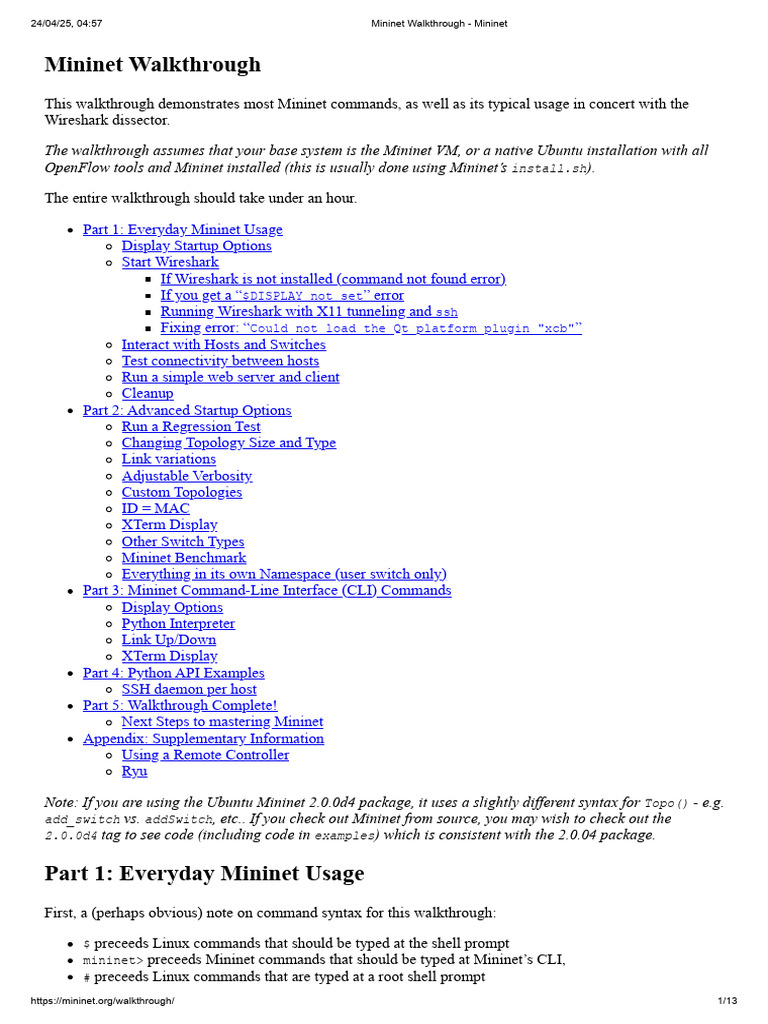 Mininet Walkthrough - Mininet | PDF | Command Line Interface | Communications Protocols