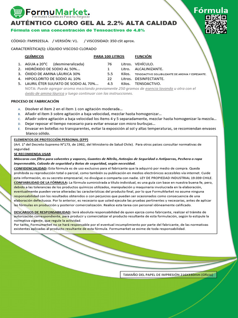 CLORO GEL ALTA CALIDAD 2.2% FM992ESLA-PREMIUM | PDF | Sustancias químicas