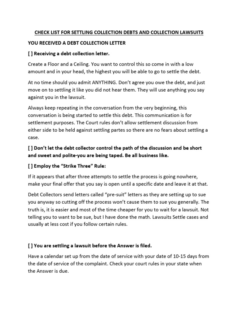 Check List For Settling Collection Debts and Collection Lawsuits 3 | PDF | Debt | Lawsuit