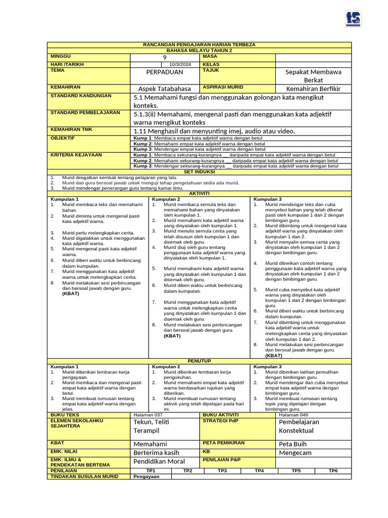 RPH Terbeza Minggu 9 BM Tahun 2 by Cikgu Gorgeous | PDF