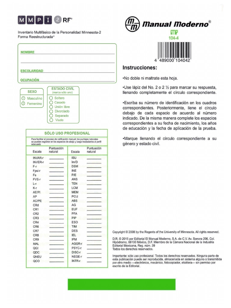 Hoja de Respuestas Del MMPI 2 RF | PDF