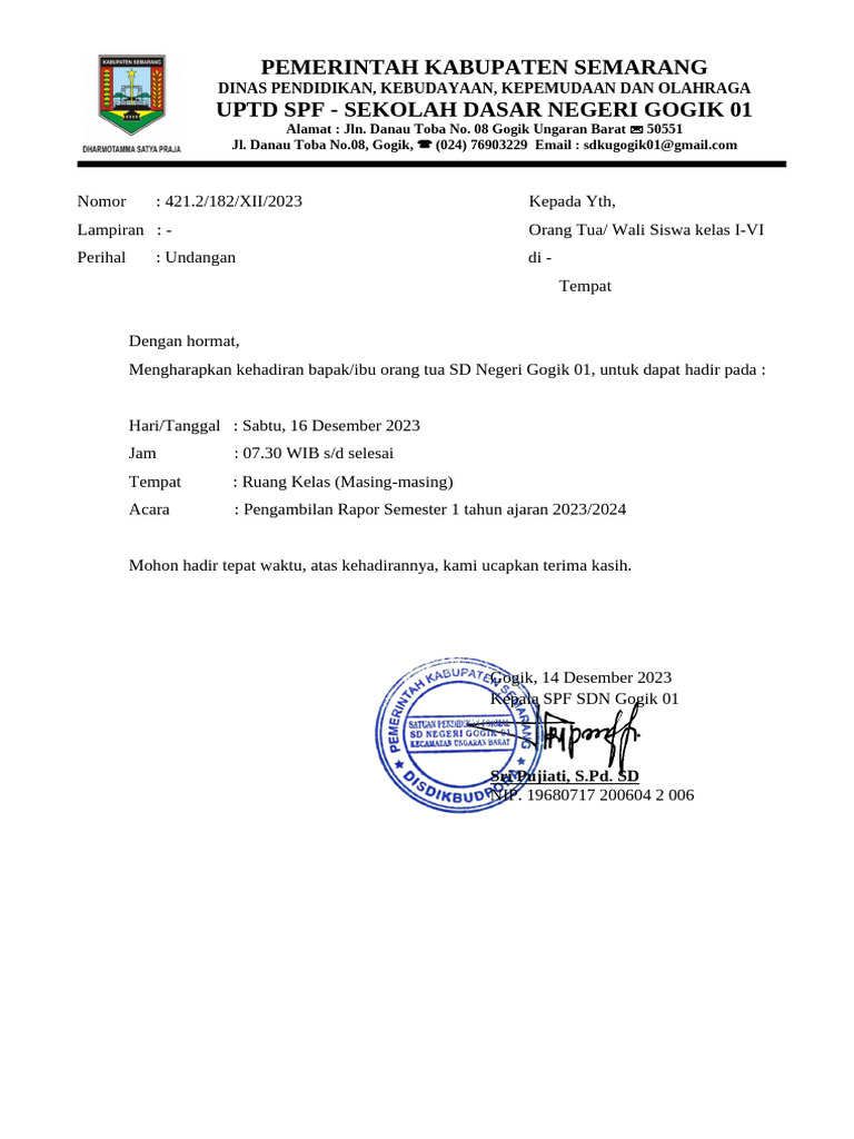 Pengambilan Rapor Semester 1 | PDF