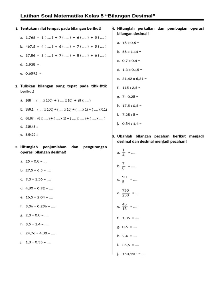 Latihan Soal Matematika Bilangan Desimal | PDF