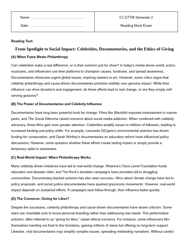 C1 Semester 2 Exam Practice - Reading - Mock Exam | PDF | Philanthropy ...