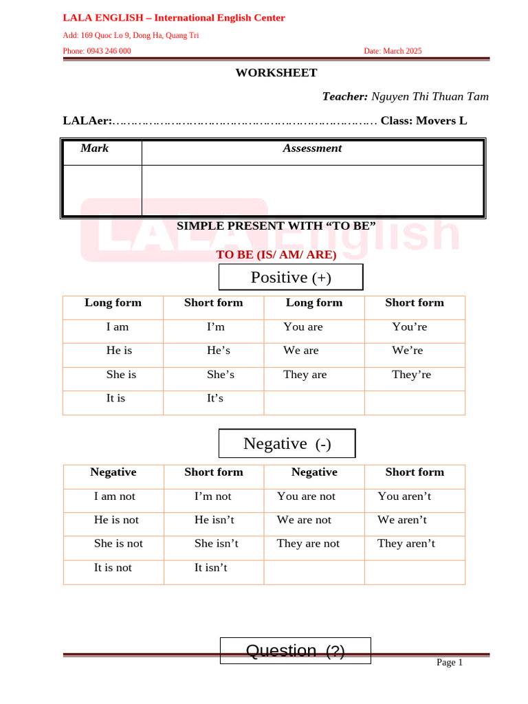Worksheet Movers L Present Simple With Tobe | PDF