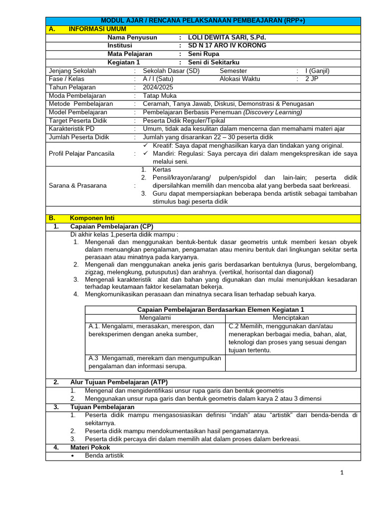 RPP Seni Rupa KLS I SMS 1 | PDF