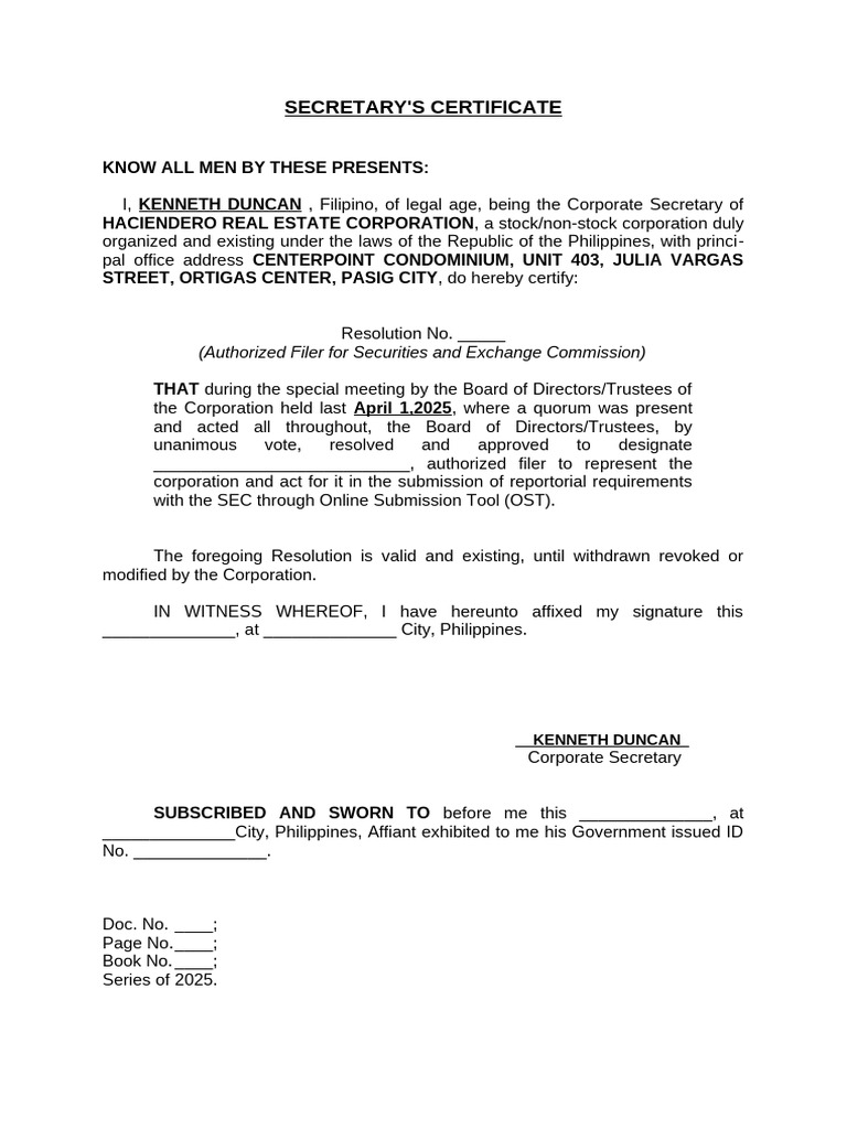 Secretary Certificate | PDF