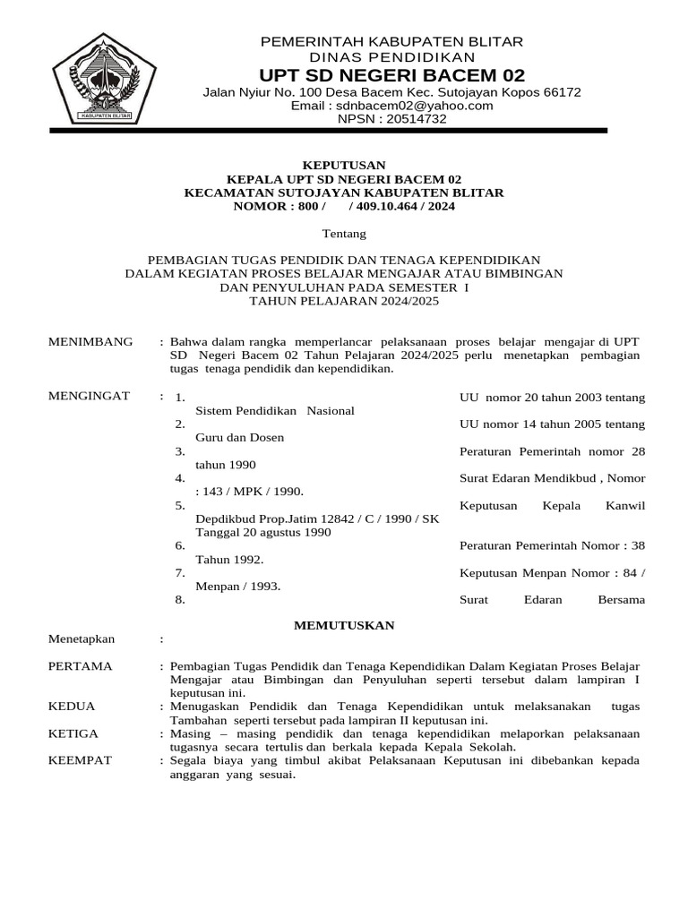 SK Pembagian Tugas SMT I 2023 - 2024 | PDF