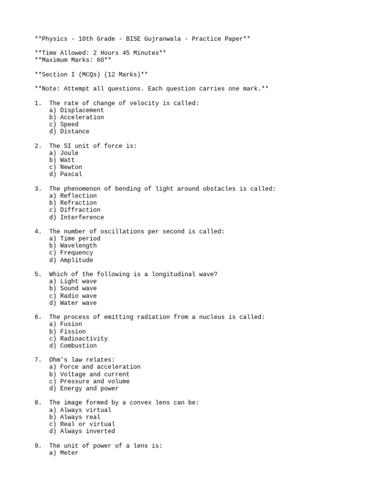 10th Grade Physics Practice Paper 2025 | PDF | Waves | Light