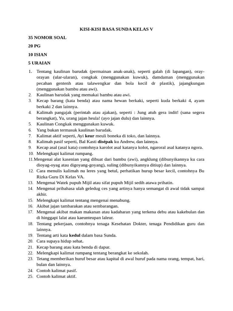KISI-KISI BASA SUNDA KELAS V | PDF