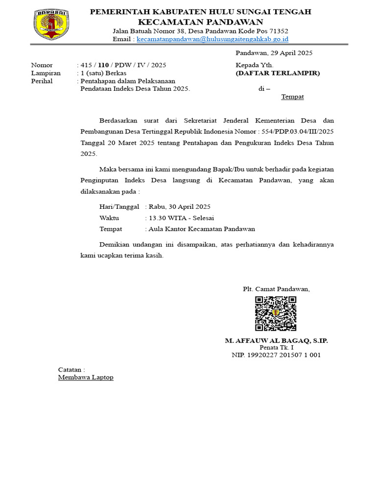 Undangan Sosialisasi Indeks Desa 2025 - Signed | PDF