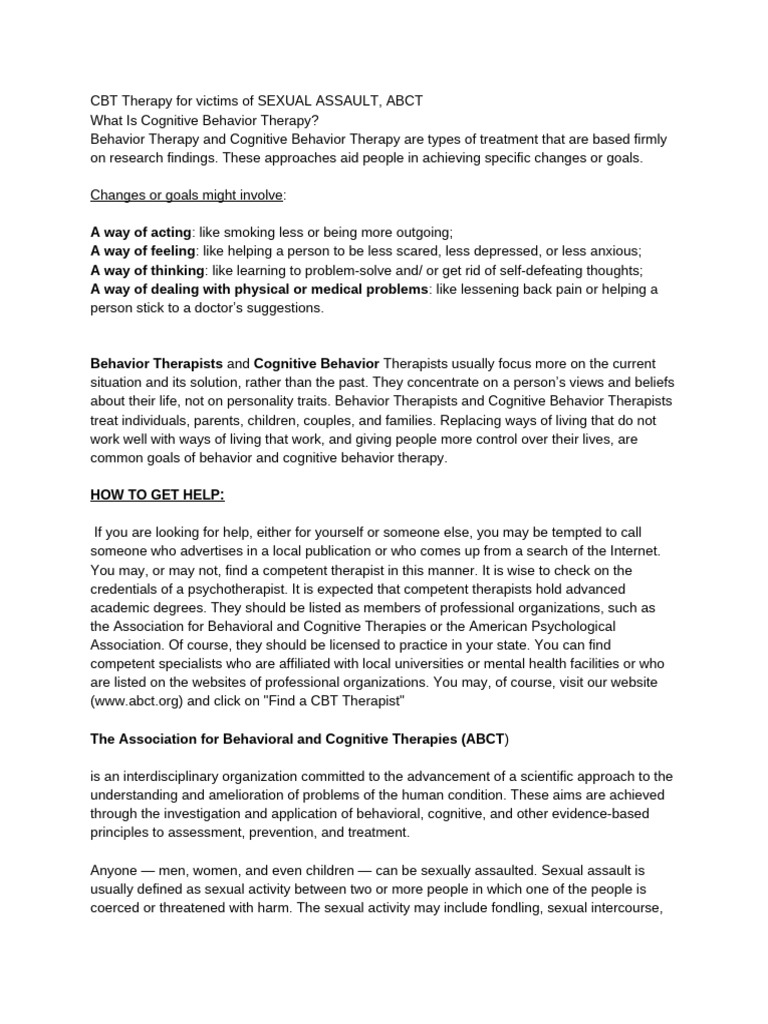CBT Therapy For Victims of Sexual Assault ABCT. | PDF | Psychotherapy ...