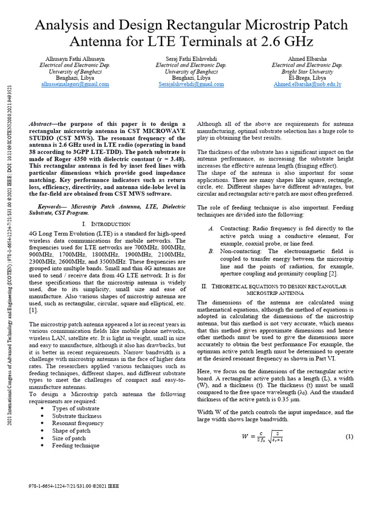 Analysis and Design Rectangular Microstrip Patch Antenna for LTE ...