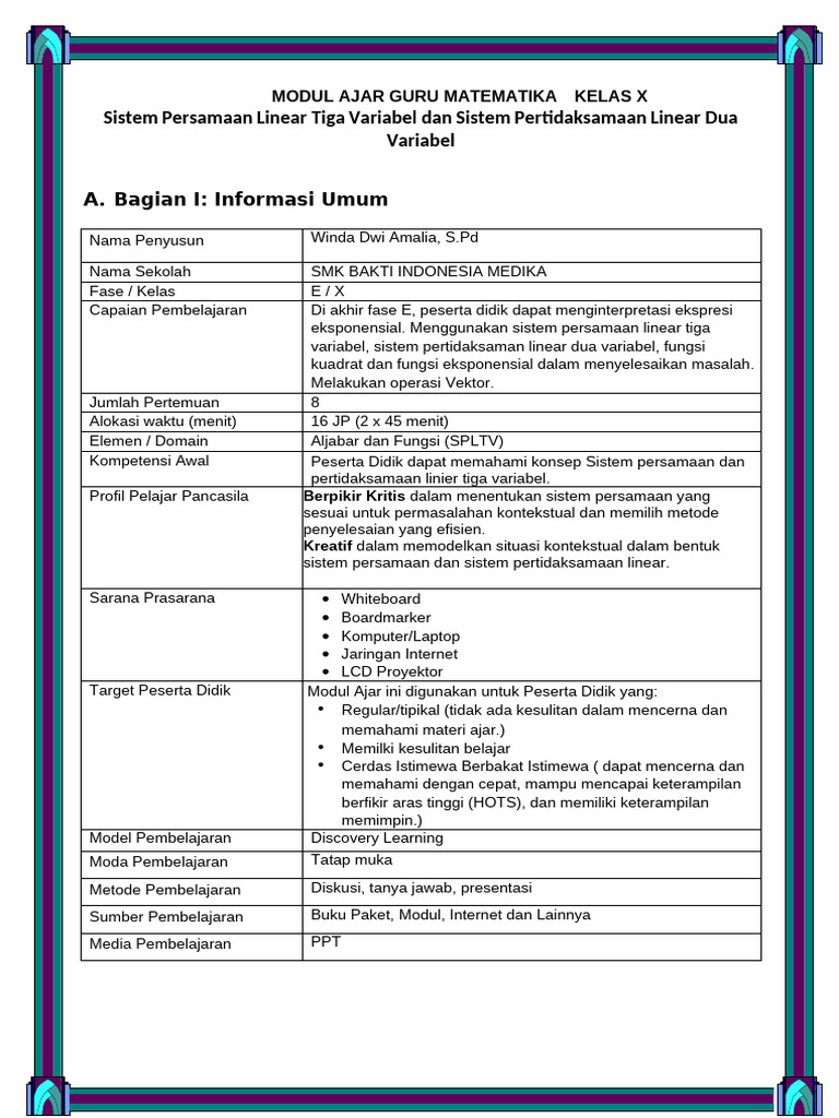 Modul Ajar Persamaan Linier | PDF