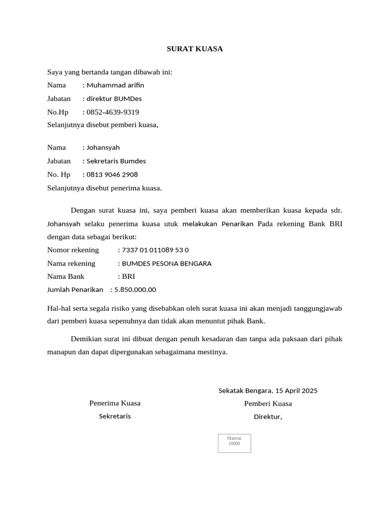 Surat Kuasa Bundes | PDF