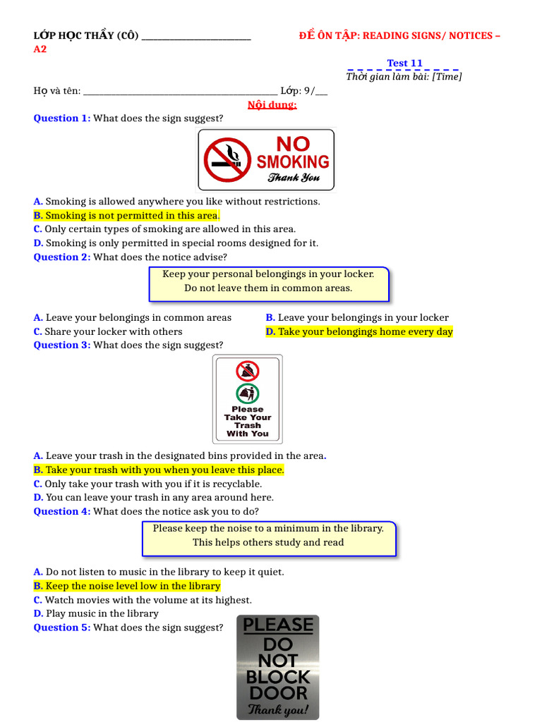 GV Test 11 Reading Signs - Notices | PDF