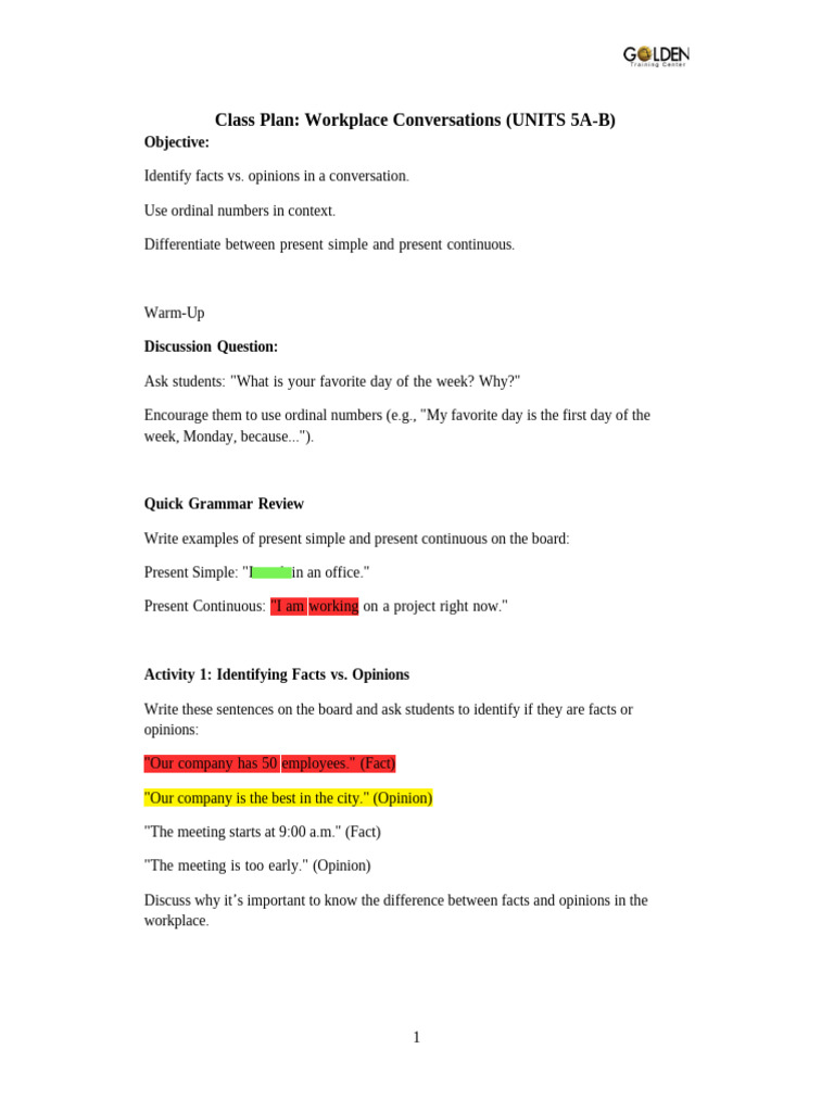 Class Plan - Work Place Conversation (Units 5a-B) | PDF | Human ...