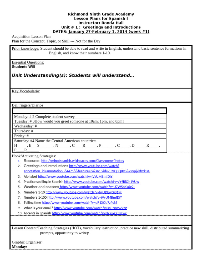 Unit - 1 - Week - 1 - Greetings - Introductions - Docx 2 | PDF | Lesson ...