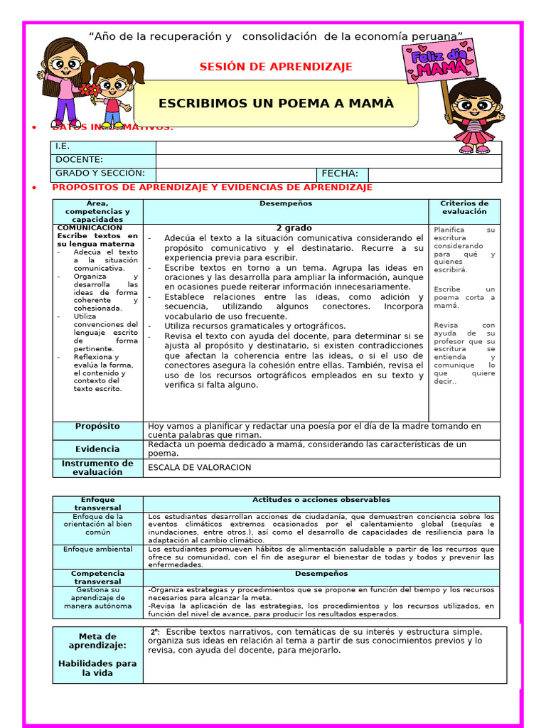 2º U2 S3 Sesion D3 Com Escribimos Un Poema Por El Dia de La Madre Nuevo Numero 983101047 | PDF ...