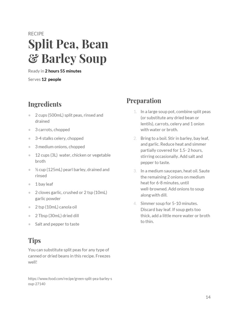 Split Pea Barley Soup Recipe | PDF