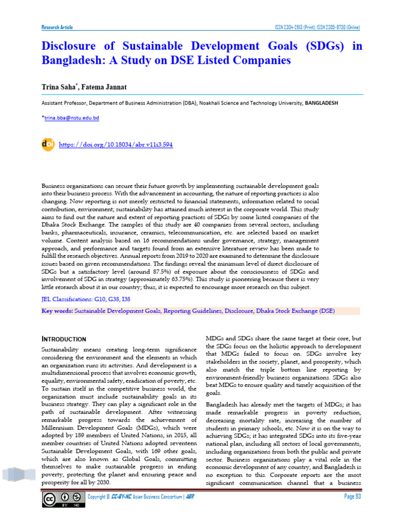 Disclosure of Sustainable Development Goals (SDGS) in - Bangladesh - A ...