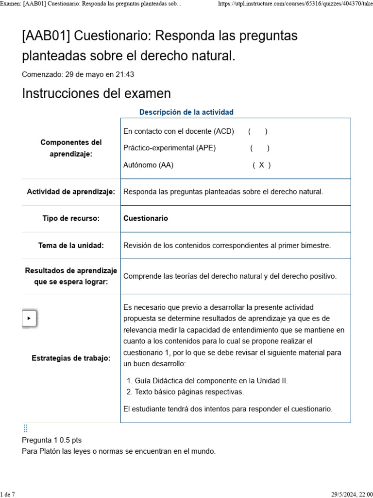 Examen (AAB01) Cuestionario Responda Las Preguntas Planteadas Sobre El Derecho Natural.2 | PDF ...