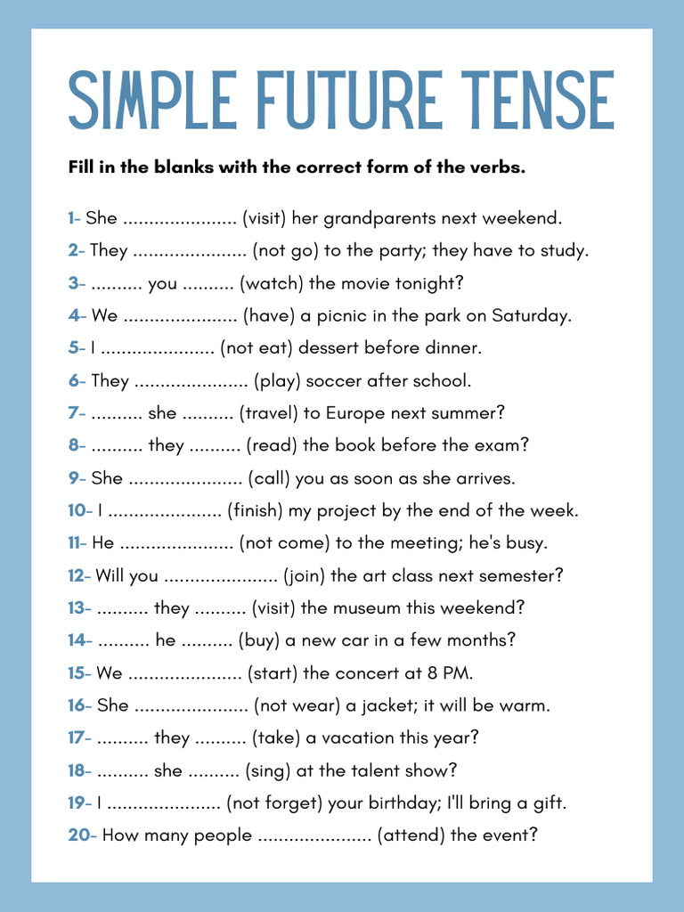 Simple Future Tense Worksheet in Blue White Basic Style - 20240606 ...