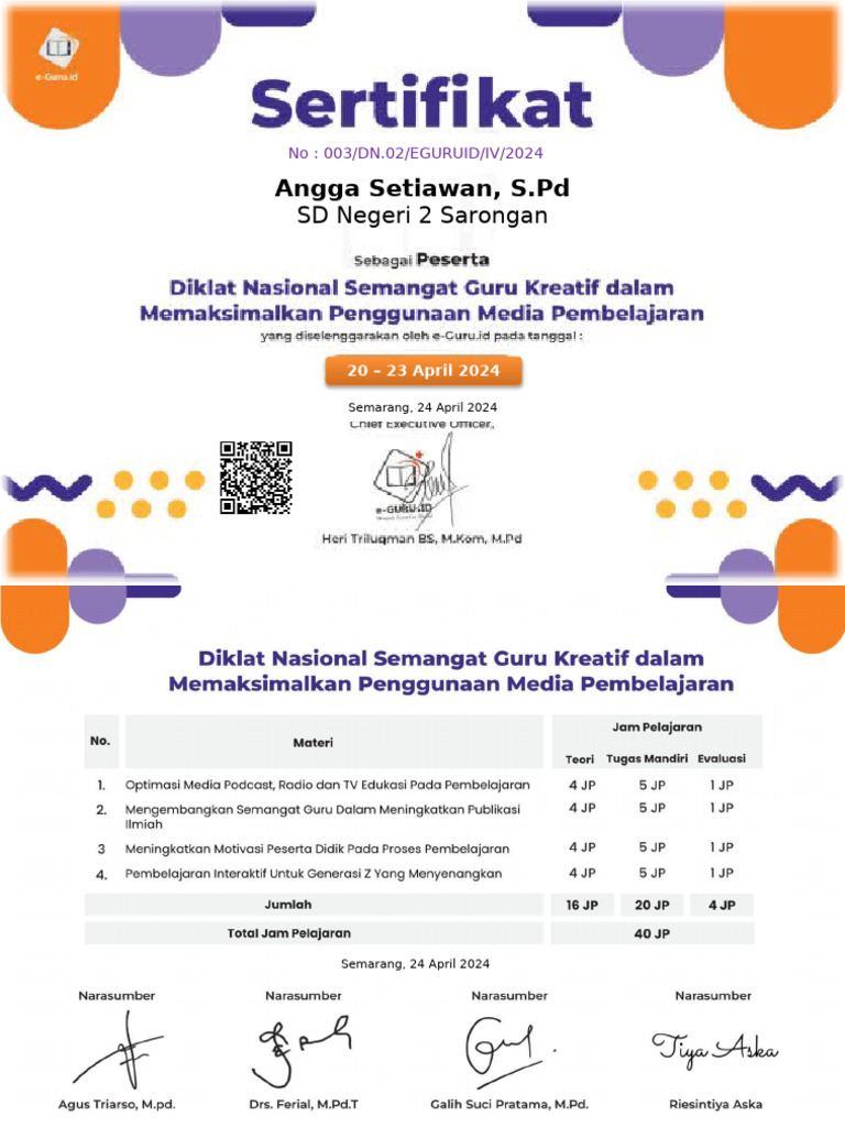 Angga Setiawan, S.PD Sertifikat 40JP April E-Guru - Id | PDF