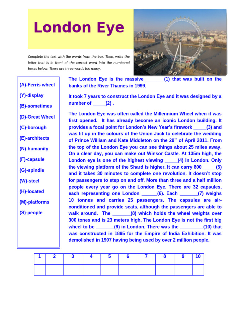 London Eye Reading Comprehension Reading Comprehension Exercises ...