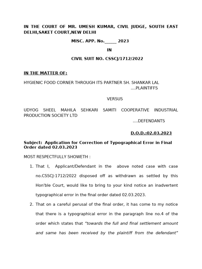 In The Court of MR Rectification of Order Umesh Kumar CJ Saket, Us Complex | PDF