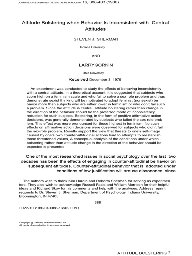Gorkin 1979 - Attitude Bolstering When Behaviour Is Inconsistent With ...