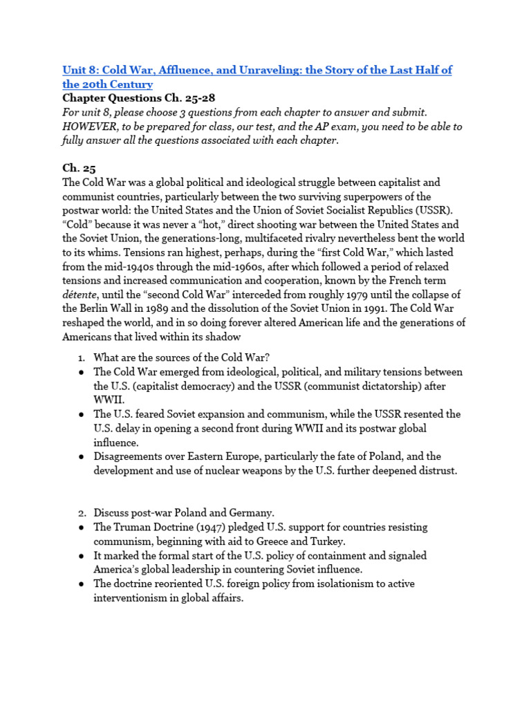 APUSH Unit 8 Cold War, Affluence, and Unraveling | PDF | Cold War ...