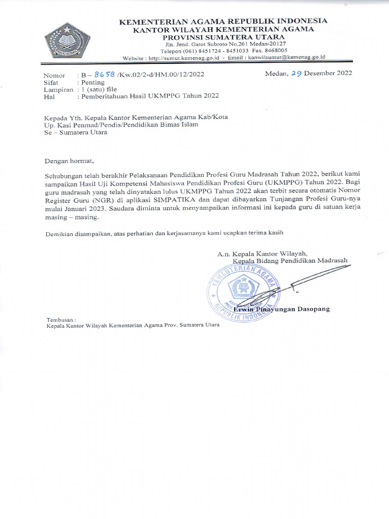 Surat Pemberitahuan Hasil UKMPPG 2022 Kanwil Sumatera Utara Kirim Kab Kota | PDF
