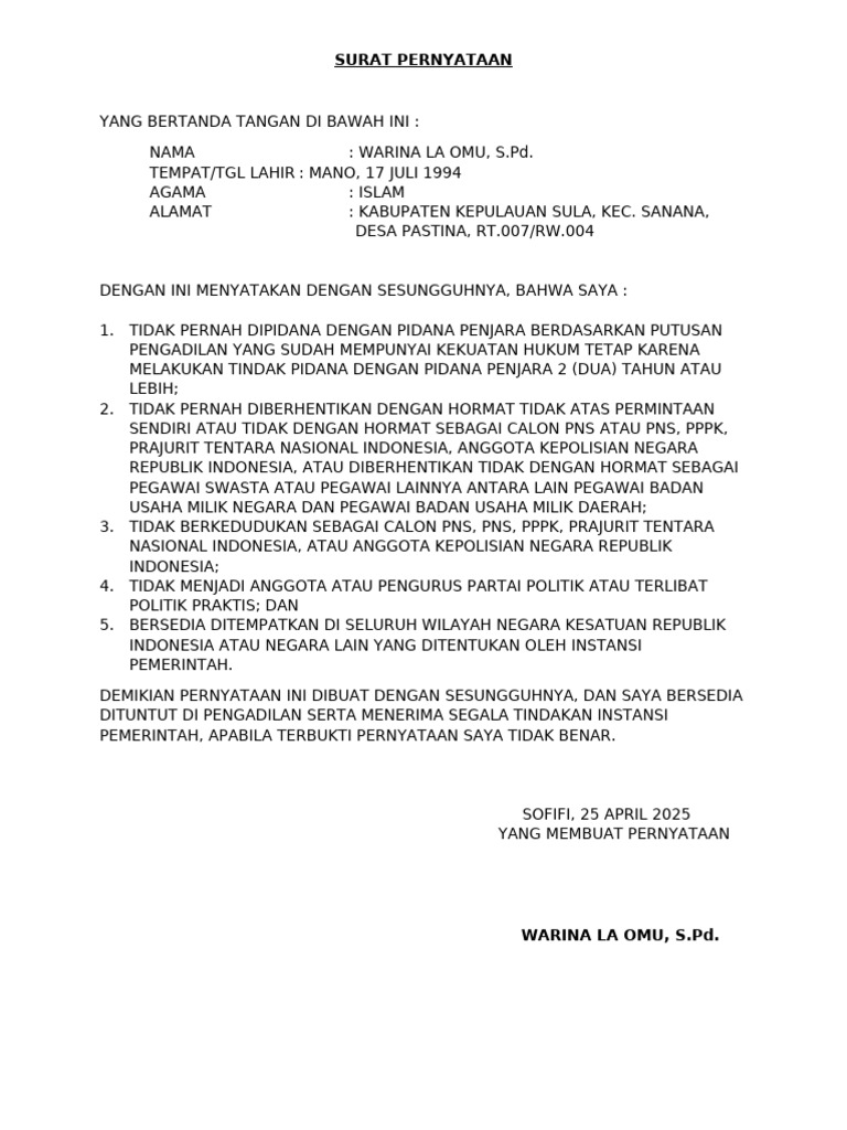 Surat - Pernyataan - 5 - Poin - Warina La Omu | PDF